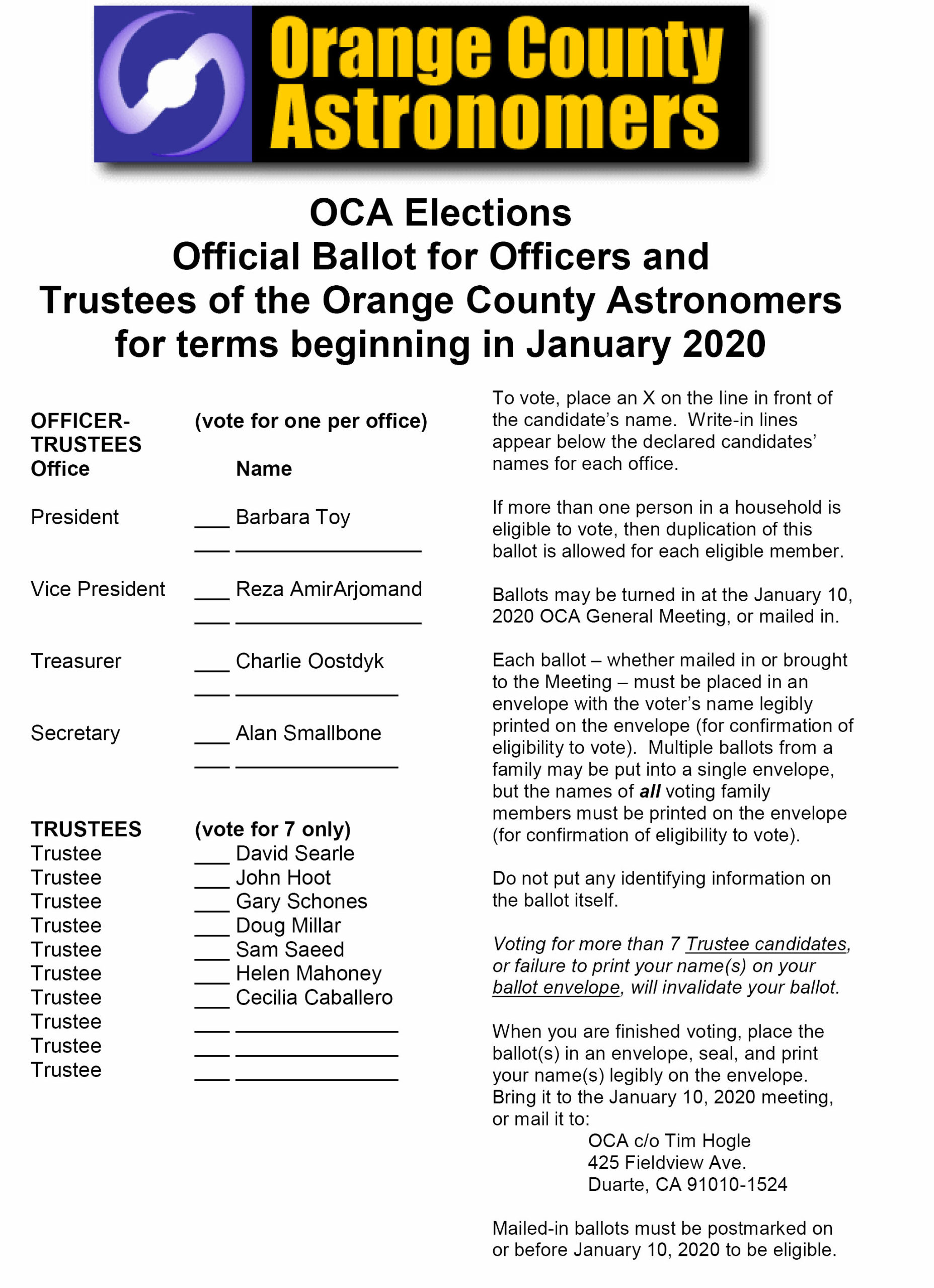 2020 OCA Board of Trustees Ballot - Orange County Astronomers